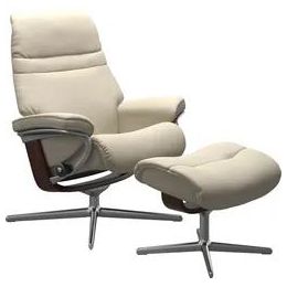 Relaxsessel stressless "Sunrise" Sessel Gr. Leder BATICK, Cross Base Braun, Relaxfunktion-Drehfunktion-PlusTMSystem-Gleitsystem-BalanceAdaptTM, B/H/T: 79cm x 103cm x 73cm, beige (cream batick) mit Hocker, Cross Base, Größe S, M & L, Holzakzent Braun