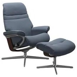 Relaxsessel stressless "Sunrise" Sessel Gr. Leder PALOMA, Cross Base Braun, Relaxfunktion-Drehfunktion-PlusTMSystem-Gleitsystem-BalanceAdaptTM, B/H/T: 79cm x 103cm x 73cm, blau (sparrow paloma) mit Hocker, Cross Base, Größe S, M & L, Holzakzent Braun