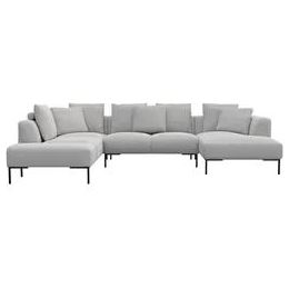 Ecksofa FLEXLUX "Sava U-Form, bequem und komfortabel durch den hochwertigen Sitzaufbau" Sofas Gr. B/H/T: 370cm x 94cm x 222cm, Struktur, langer Schenkel links, grau (stone grey) Schwarze Metallfüße, mit losen Rückenkissen, Luxuriöses Sitzkomfort