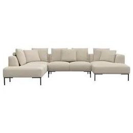 Ecksofa FLEXLUX "Sava U-Form, bequem und komfortabel durch den hochwertigen Sitzaufbau" Sofas Gr. B/H/T: 370cm x 94cm x 222cm, Velvet, langer Schenkel links, weiß (sanftes weiß) Schwarze Metallfüße, mit losen Rückenkissen, Luxuriöses Sitzkomfort