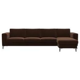 Ecksofa FLEXLUX "Fiore, super Sitzkomfort durch Kaltschaum im Sitz, L-Form" Sofas Gr. B/H/T: 295cm x 85cm x 159cm, Velvet, Chaiselongue rechts, braun (tobacco) breite Armlehnen, Füße Alu+schwarz