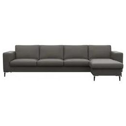 Ecksofa FLEXLUX "Fiore, super Sitzkomfort durch Kaltschaum im Sitz, L-Form" Sofas Gr. B/H/T: 295cm x 85cm x 159cm, Echtleder, Chaiselongue rechts, grau (warm mineral) breite Armlehnen, Füße Alu+schwarz