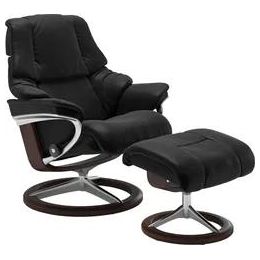 Relaxsessel stressless "Reno" Sessel Gr. Leder BATICK, Signature Base Braun-L, Relaxfunktion-Drehfunktion-PlusTMSystem-Gleitsystem-BalanceAdaptTM, B/H/T: 92cm x 100cm x 80cm, schwarz (schwarz batick) mit Hocker, Signature Base, Größe S, M & L, Gestell Braun