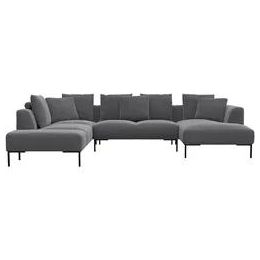 Ecksofa FLEXLUX "Sava U-Form, bequem und komfortabel durch den hochwertigen Sitzaufbau" Sofas Gr. B/H/T: 370cm x 94cm x 222cm, Struktur, langer Schenkel links, grau (thunder grey) Schwarze Metallfüße, mit losen Rückenkissen, Luxuriöses Sitzkomfort