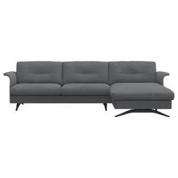 Ecksofa FLEXLUX "Glow, super bequem durch hochwertigem Sitzaufbau mit Federkern, L-Form" Sofas Gr. B/H/T: 273cm x 81cm x 158cm, Lederoptik, Chaiselongue rechts, Armlehne Furnier: Walnuss, grau (elephant grau) Modernes skandinavisches Design