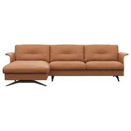 Ecksofa FLEXLUX "Glow, super bequem durch hochwertigem Sitzaufbau mit Federkern, L-Form" Sofas Gr. B/H/T: 273cm x 81cm x 158cm, Echtleder, Chaiselongue links, Armlehne Furnier: Walnuss, braun (modern cognac brown) Modernes skandinavisches Design