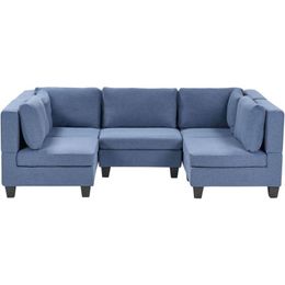 Beliani 5-Sitzer Sofa Blau Stoffbezug U-Förmig mit Kissen Schwarze Beine Modular Modern Modulsofa Wohnlandschaft Wohnzimmer Salon Wohnecke