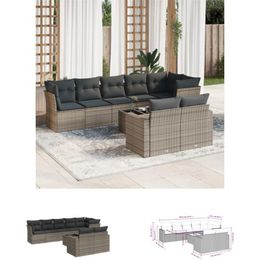 9-tlg. Garten-Sofagarnitur mit Kissen Grau Poly Rattan - Gartenmöbel-Sets - Grau - The Living Store