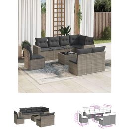 9-tlg. Garten-Sofagarnitur mit Kissen Grau Poly Rattan - Gartenmöbel-Sets - Grau - The Living Store