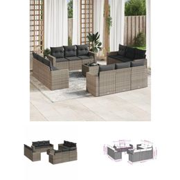 13-tlg. Garten-Sofagarnitur mit Kissen Grau Poly Rattan - Gartenmöbel-Sets - Grau - The Living Store