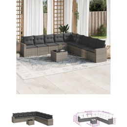 10-tlg. Garten-Sofagarnitur mit Kissen Grau Poly Rattan - Gartenmöbel-Sets - Grau - The Living Store