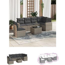 7-tlg. Garten-Sofagarnitur mit Kissen Grau Poly Rattan - Gartenmöbel-Sets - Grau - The Living Store