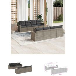 9-tlg. Garten-Sofagarnitur mit Kissen Grau Poly Rattan - Gartenmöbel-Sets - Grau - The Living Store