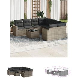 9-tlg. Garten-Sofagarnitur mit Kissen Grau Poly Rattan - Gartenmöbel-Sets - Grau - The Living Store