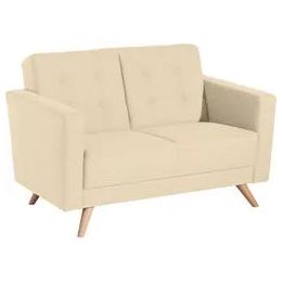 2-Sitzer Max Winzer "Julius zeitlos, elegant im skandinavischen Stil, mit hohem Sitzkomfort" Sofas Gr. B/H/T: 128cm x 81cm x 83cm, Strukturwebstoff 16523, beige mit Knopfheftung, Retro, schmale Armlehnen, Breite 128 cm