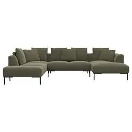 Ecksofa FLEXLUX "Sava U-Form, bequem und komfortabel durch den hochwertigen Sitzaufbau" Sofas Gr. B/H/T: 370cm x 94cm x 222cm, Struktur, langer Schenkel links, grün (moss green) Schwarze Metallfüße, mit losen Rückenkissen, Luxuriöses Sitzkomfort