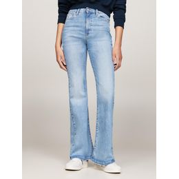 Schlagjeans Tommy Jeans "Tommy Jeans SYLVIA - High waist - Flared Denim Jeans", Damen, Gr. 30, Länge 32, blau (denim light), Denim/Jeans, Obermaterial: 92% Baumwolle, 4% Elasthan, 4% Polyester, unifarben, casual, ausgestellt knöchellang, Jeans, mit Logostickereien und Nieten