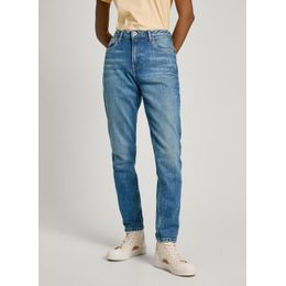 High-waist-Jeans Pepe Jeans "TAPERED JEANS HW", Damen, Gr. 27, Länge 30, blau (medium destroy), Denim/Jeans, Obermaterial: 99% Baumwolle, 1% Elasthan, casual, gerade, unten schmal, Jeans