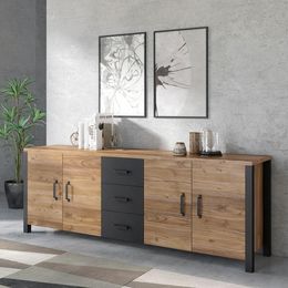 Sideboard Home Affaire "Olin", braun (appenzeller fichte, appenzeller fichte, schwarz matt), B:220cm H:79cm T:48cm, FSC-zertifizierter Holzwerkstoff, Dekorfolie, Sideboards, Breite 220cm