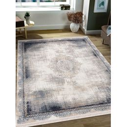 Teppich MERINOS "Rodin 19770", blau, B:160cm H:10mm L:230cm, Polyester, Teppiche, Fransenteppich, Vintage, Orient, Kurzflor mit Fransen