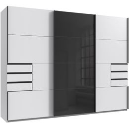 Schwebetürenschrank wimex "Leonberg, Kleiderschrank mit 6 Schubladen" Schränke Gr. B/H/T: 270cm x 208cm x 64cm, 3 St., weiß (weiß, glas schwarz) mit graphitfb.Glasfront, 270cm breit, 208cm hoch