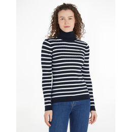 Rollkragenpullover Tommy Hilfiger "SKINNY CABLE ROLL-NK SWEATER" Gr. XS (34), blau (breton_stp/_desert_sky/_ecru) Damen Pullover mit Logostickerei