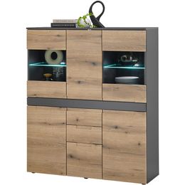 HBZ-MEBLE Highboard HBZ "Taylor mit LED-Beleuchtung, BxHxT 119x140x38 cm" Sideboards Gr. B/H/T: 119cm x 38cm x 38cm, 2 St., anthrazit / evoke oak tiefzieh Mit 4 Türen und 2 Türen, Schubkästen 3 Einlegeböden Glasböden