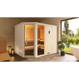 Weka Sauna "Element-Ecksauna VARBERG 4" Saunen vorgefertigte Elemente, Fensterelement, moderne Ganzglastür Gr. Bio-Ofen, externe Steuerung, 7,5 kW, weiß