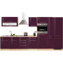 Küchenzeile KOCHSTATION "KS-Eton", lila (küche: aubergine hochglanz, eichefarben, korpus: eichefarben, arbeitsplatte: eichefarben), B:360cm T:60cm, Komplettküchen-Sets, ohne E-Geräte, Breite 360 cm