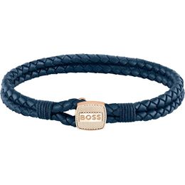 Lederarmband BOSS "SEAL, 1580667M, 1580668M" Armbänder Gr. M, Edelstahl-Leder, rosegold (roségoldfarben-blau) Herren