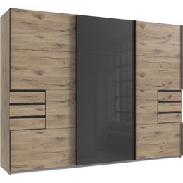 Schwebetürenschrank wimex "Leonberg, Kleiderschrank mit 6 Schubladen" Schränke Gr. B/H/T: 270cm x 208cm x 64cm, 3 St., beige (viking oak nachbildung, glas grau) mit graphitfb.Glasfront, 270cm breit, 208cm hoch