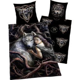 Kinderbettwäsche ANNE STOKES "ANNE STOKES", schwarz, B/L: 135cm x 200cm, , Renforcé, B/L: 80cm x 80cm, Renforcu00e9, Obermaterial: 100% Baumwolle, Bettwäsche, mit Wolf und Frau