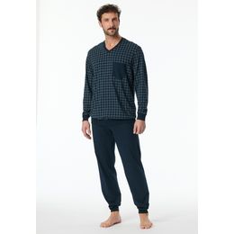 Pyjama Schiesser ""Comfort Nightwear"" Gr. 60, blau (816-jeansblau) Herren Homewear-Sets mit klassischem Karo-Muster und aufgesetzter Brusttasche