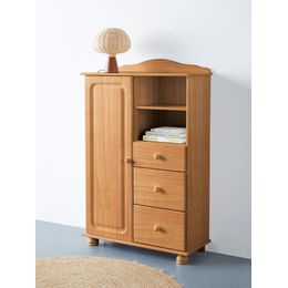 Highboard Home Affaire "Mette", beige (natur gebeizt, gewachst), B:80cm H:125cm T:34cm, FSC-zertifiziertes Massivholz, Sideboards, Stauraumschrank mit 3 Schubladen und verstellbaren Einlegeböden