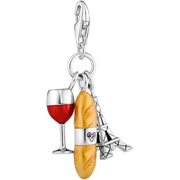 Charm-Einhänger Thomas Sabo "Rotweinglas, Baguette und Eiffelturm, 2078-390-7" Charms beige (silberfarben-rot-beige-blau + rot-blau) Damen mit Korund (synth.), Zirkonia (synth.)