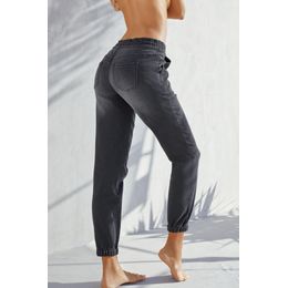 H.I.S. Jogger Pants H.I.S Gr. 32/34, N-Gr, schwarz (schwarz, washed), Damen, Obermaterial: 74% Baumwolle, 24% Polyester, 2% Elasthan, washed, Hosen, in Jeansoptik, Loungeanzug