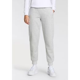 Trainingshose Puma "ESS+ LOGO LAB PANTS FL", Damen, Gr. L, N-Gr, grau (light gray heather), Fleece, Obermaterial: 66% Baumwolle, 34% Polyester, bedruckt, sportlich, regular fit normal, Hosen