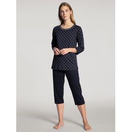 Pyjama Calida "Night Lovers", Damen, Gr. L (48/50), blau, Interlock, Obermaterial: 100% Baumwolle, unifarben, gemustert, casual, bequem 3/4-Länge, Rundhals, Homewear-Sets, mit verspieltem Muster