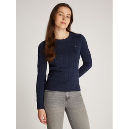 Rundhalspullover Tommy Hilfiger "CO CABLE VAR LS C-NK SWT" Gr. L (40), blau (dark night navy) Damen Pullover mit Zopfmuster, Logostickerei