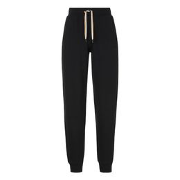 Relaxhose BOSS "CP Stripe_Pants Cuff" Gr. L, N-Gr, schwarz (schwarz 001), Damen, Sweatware, Obermaterial: 48% Baumwolle, 48% Lyocell, 4% Polyamid, unifarben, Hosen, mit kontrastfarbener Kordel