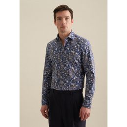 Flanellhemd Seidensticker "Slim", Herren, Gr. S (38), normale Ärmellängen, blau (dunkelblau), 100% Baumwolle, bedruckt, slim fit, Langarm 2-Knopf-Manschette, Hemden, Slim Langarm Kentkragen Druck