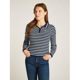 Polokragenpullover Tommy Jeans "TJW ESSENTIAL LS POLO SWEATER", Damen, Gr. M (38), blau (weiß, navy), Strick, Obermaterial: 65% Baumwolle, 35% Polyamid, gestreift, casual, slim fit kurz, Pullover, mit Logostickerei