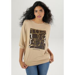 Fledermausshirt Aniston SELECTED, Damen, Gr. 46, braun (taupe, dunkelbraun, goldfarben), Single Jersey, Obermaterial: 95% Viskose, 5% Elasthan, bedruckt, leicht gl&auml;nzend, oversize h&uuml;ftbedeckend, Rundhals, Fledermaus&auml;rmel B&uuml;ndchen, Shirts Fledermausshirt, mit goldfarbenem Folienprint, Topseller