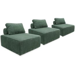 Sweeek - 3er-Set Sessel ohne Armlehne mit Cord- Bezug für ein modulares Sofa , Cord, Grün