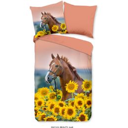 Kinderbettwäsche Good Morning "Beauty Horse Sunflower" Bettwäsche Gr. B/L: 135cm x 200cm, , Renforcé, B/L: 80cm x 80cm, bunt (multi, gelb, terrakotta) Baumwolle, 135x200, Reißverschluss, Wendeoptik, Kind, Mädchen, Pferd