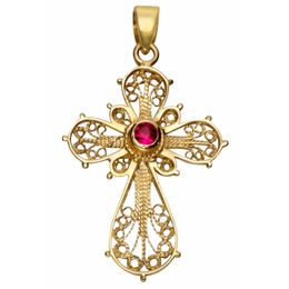 Kreuz-Anhänger Firetti "Schmuck Geschenk Gold 375 Halsschmuck Anhänger Halskette Kreuz" Schmuckanhänger Gr. Gelbgold 375, 1,37 g, goldfarben (gelbgold-375-rot + rot) Damen mit Rubin