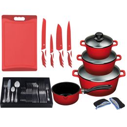 Topf-Set King "»ALUGUSS« Aluminiumguss, Induktion, Antihaftbeschichtung" Töpfe Gr. 10 l, rot inkl. 4 Küchenmesser, 1 Schneidebrett, Besteck-Set + Etui