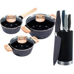 Topf-Set King "»ESSENTIAL« Aluminiumguss, Induktion, Antihaftbeschichtung", schwarz, 7,5 l, Töpfe, inkl. 5 Küchenmesser, 1 Messerblock