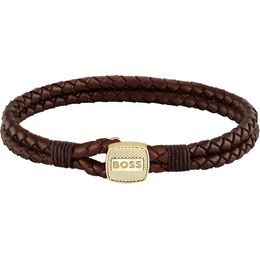 Lederarmband BOSS "SEAL, 1580667M, 1580668M" Armbänder Gr. M, Edelstahl-Leder, braun (gelbgoldfarben-braun) Herren