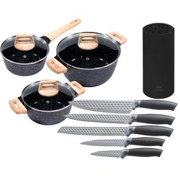 Topf-Set King "»ESSENTIAL« Aluminiumguss, Induktion, Antihaftbeschichtung", schwarz, 7,5 l, Töpfe, inkl. 5 Küchenmesser, 1 Messerblock